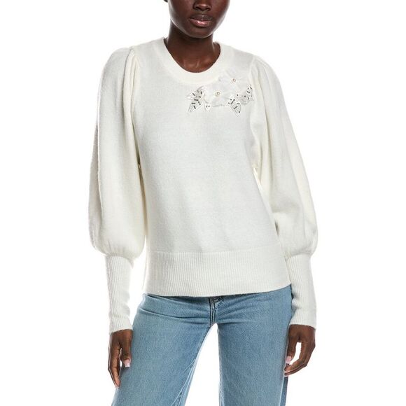 CeCe | Sweaters | Cece Womens Floral Trim Sweater White | Poshmark